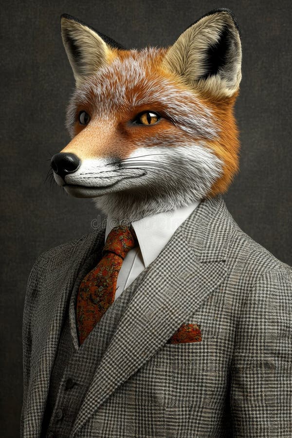 Dapper Fox in Houndstooth Suit, Animal Human Blend on Dark Backdrop ...