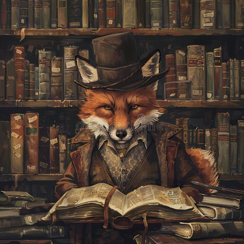 A Dapper Fox in a Top Hat Sits Amidst Antique Books, Reading an Ancient ...