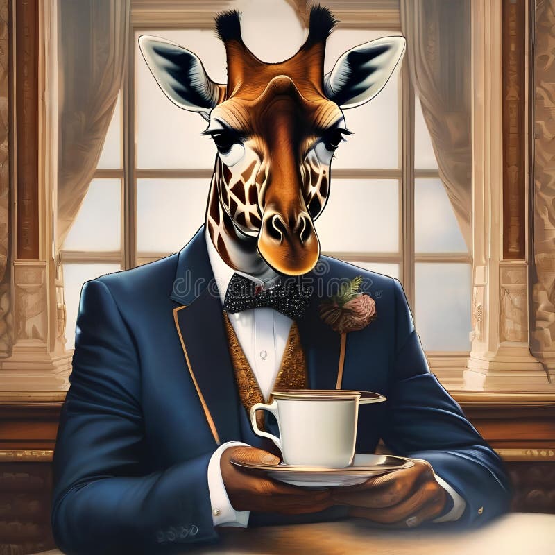 A Dapper Giraffe in a Bowtie and Monocle, Sipping Tea in a Refined ...