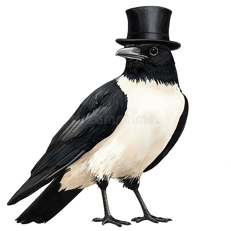 Dapper Hooded Crow in Top Hat Whimsical Bird Illustration Stock ...