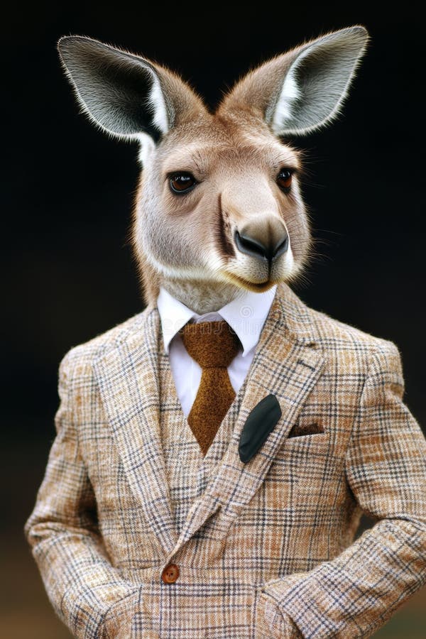 Dapper Kangaroo in Tweed Suit, Anthropomorphic Portrait on Dark ...