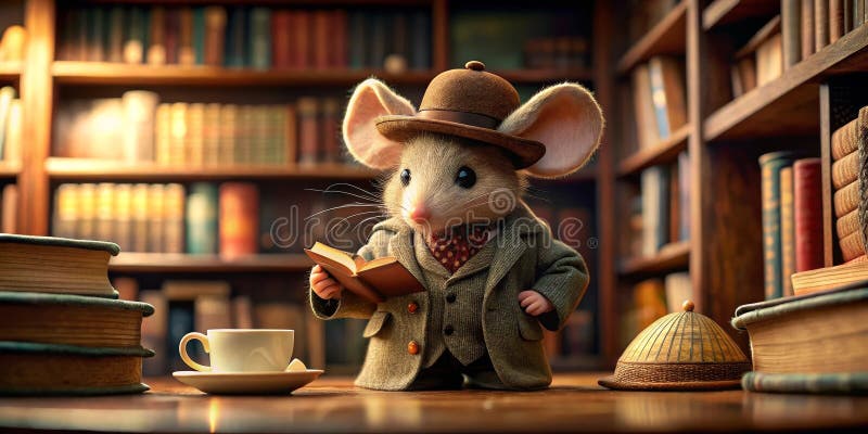 A Dapper Mouse Gentleman Enjoys a Quiet Moment with a Book and Tea in a ...