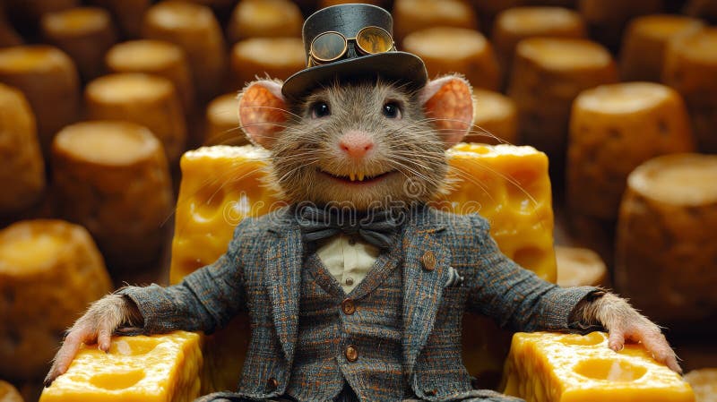Dapper Mouse in a Suit Seated on Cheese Throne in a Fancy Setting Stock ...