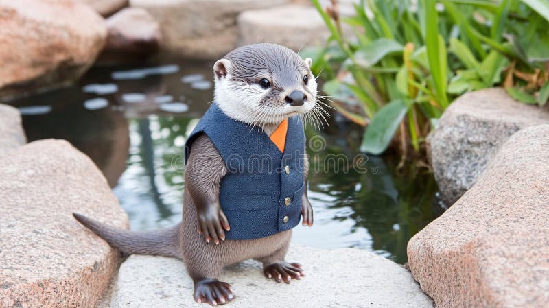 Dapper Otter Posing by Pond, Rocks, Plants Stock Photo - Image of ...