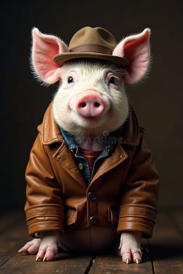 Dapper Pig Wearing a Brown Leather Jacket, Sitting, Stylish, Cute, Farm ...
