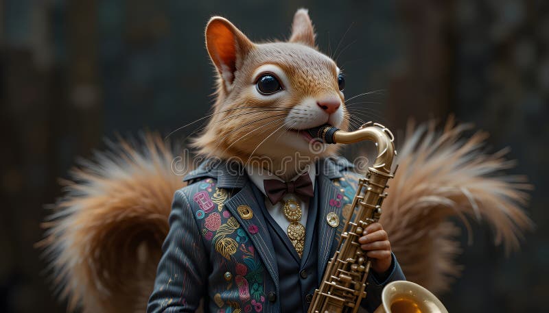 A Dapper Squirrel in a Bespoke Suit Serenades with a Saxophone in a ...