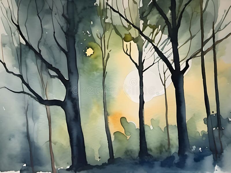 Dappled Moonlight through Trees in Watercolor Stock Illustration ...