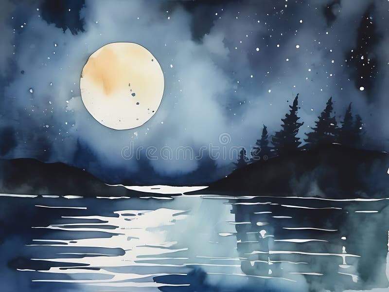 Dappled Moonlight on Water in Watercolor Stock Illustration ...