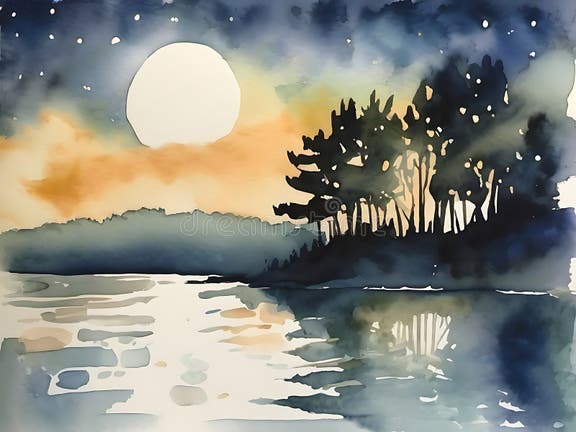 Dappled Moonlight on Water in Watercolor Stock Illustration ...