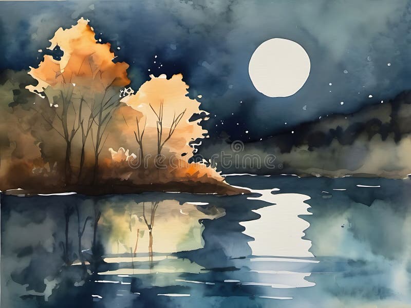 Dappled Moonlight on Water in Watercolor Stock Illustration ...