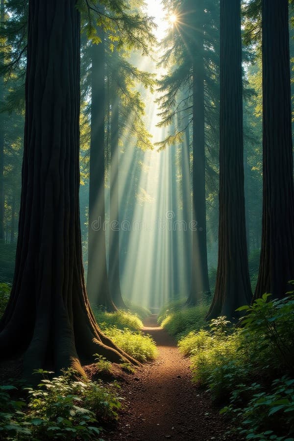 Dappled Sunlight Filters through Towering Redwood Canopy, Creating ...