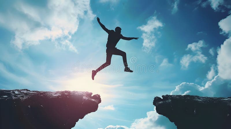 Daredevil Man Jumping Over Cliff with Clouds Stock Illustration ...