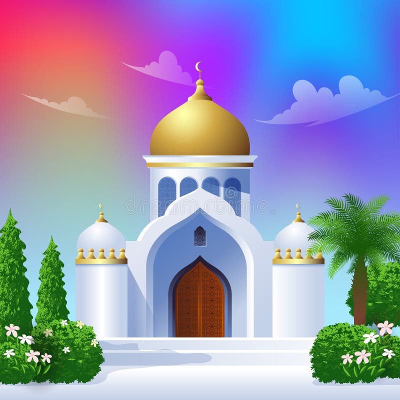 Cute Cartoon Mosque, Ramadan Kareem Illustration with Colorful Sky ...