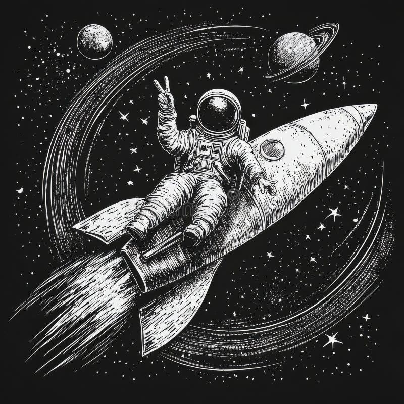 A Daring Astronaut Joyfully Perched on a Rocket Soaring through Space ...