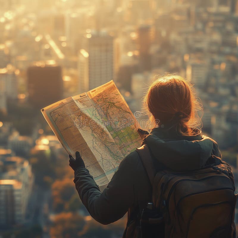 Adventurous Traveler Studying a Map while Overlooking a Vibrant ...
