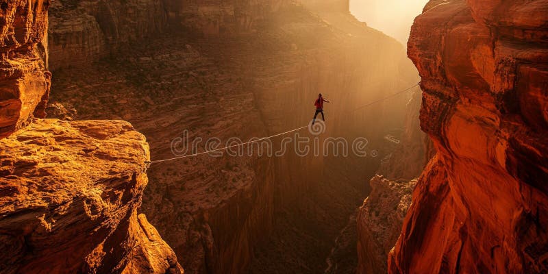 A Daring Figure Balances on a Tightrope Suspended between Rocky Cliffs ...