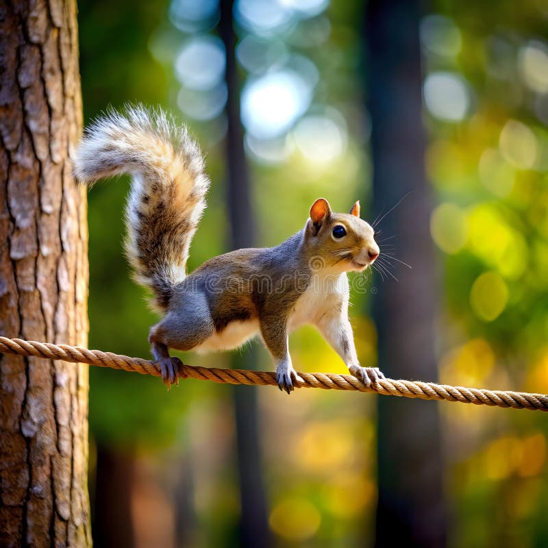 A Daring Squirrel Balances on a Tightrope Stretched between Trees Stock ...