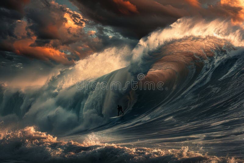 A Daring Surfer Rides a Colossal Wave Beneath Dramatic Clouds at Sunset ...