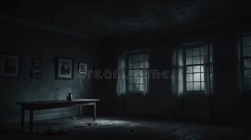 Dark Abandoned Room with Dim Light through Windows and Lonely Table ...