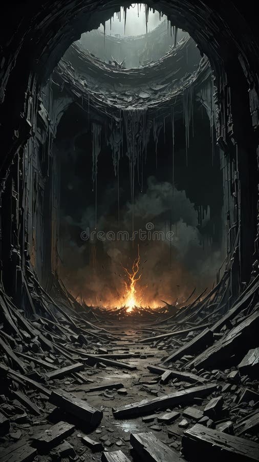 Dark, Abandoned Space with a Glowing Fire, Surrounded by Decaying ...