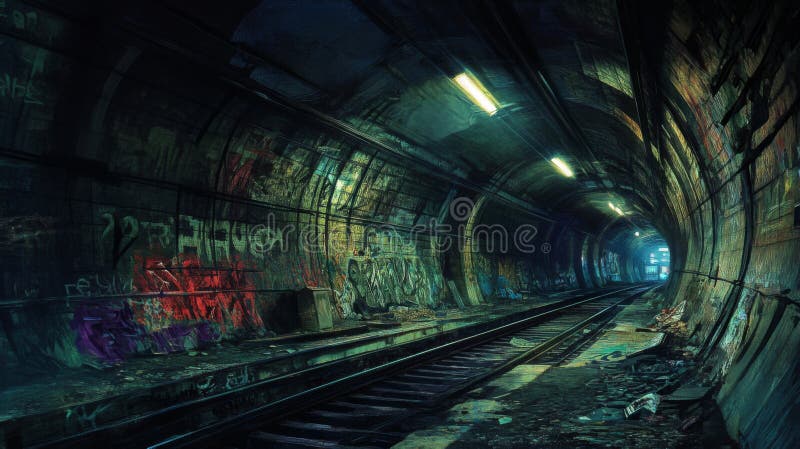 A Dark and Abandoned Train Tunnel with Graffiti Stock Illustration ...