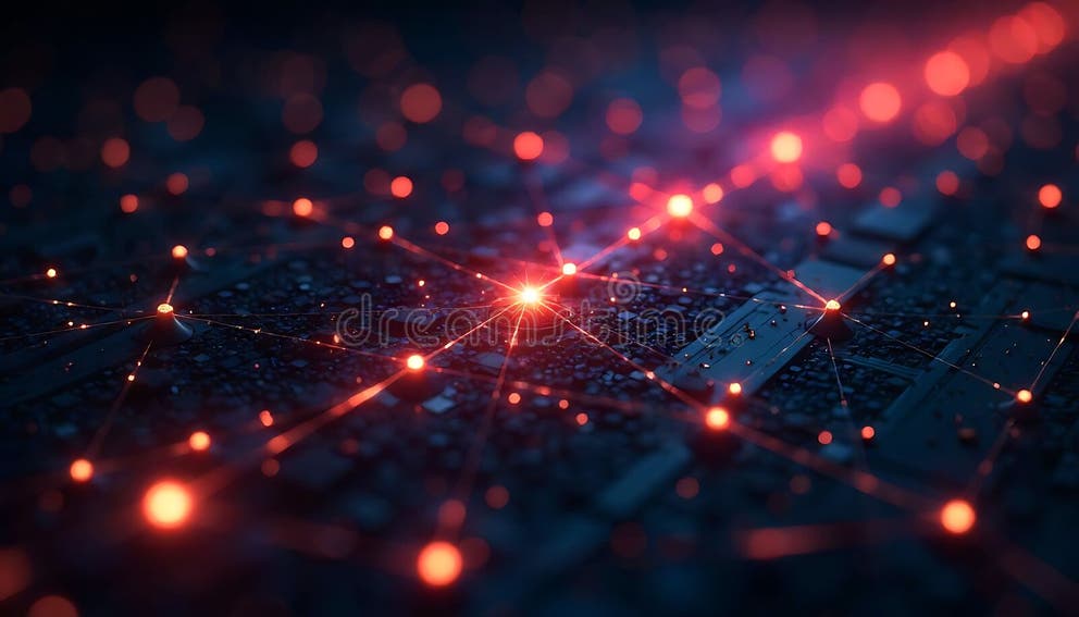 Abstract Network with Glowing Red Nodes and Connecting Lines on Dark ...