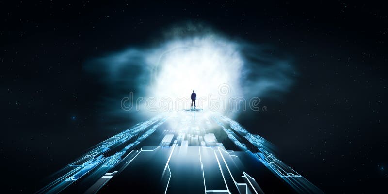 Dark Abstract Sci Fi Path with Outer Space in Background. Man Standing ...