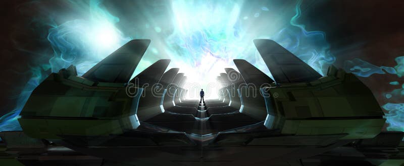 Dark Abstract Sci Fi Path with Glowing Background and Man Standing ...