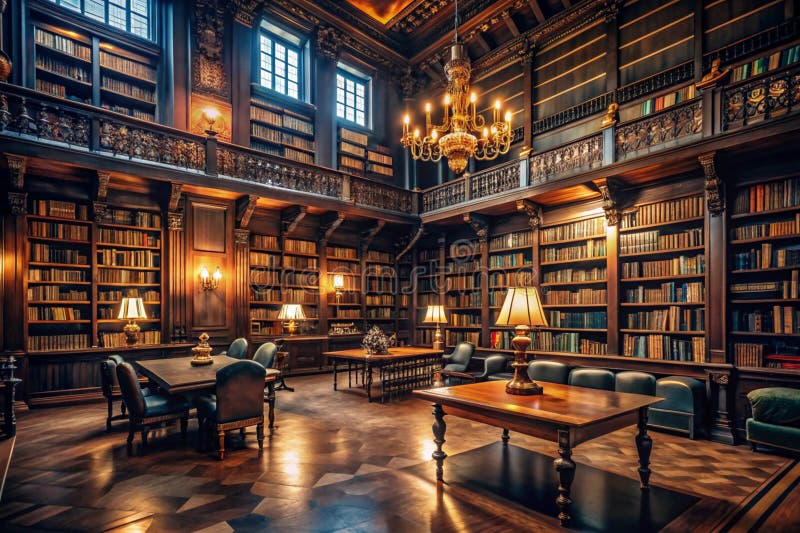 Dark Academia Style Library with Vintage Books and Warm Lighting Stock ...