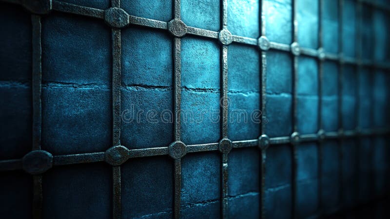 Dark, Aged, Metal Grid Over Blue Stone Wall Stock Illustration ...