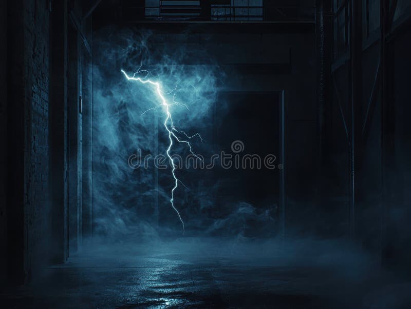 Dark Alley Scene Illuminated by a Bright Lightning Bolt Striking Down ...