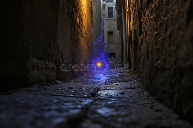 A Dark Alleyway with a Blue Light Coming Out of the End of it Stock ...