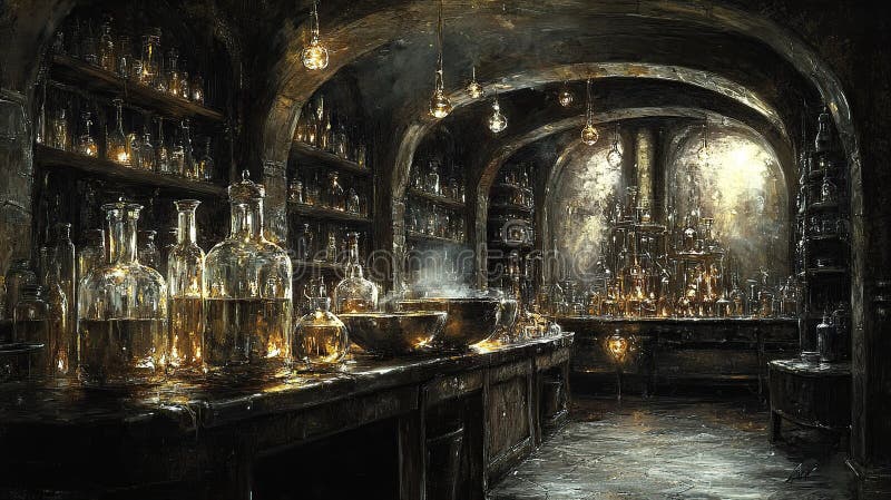 Dark, Ancient Apothecary with Glowing Bottles Stock Photo - Image of ...