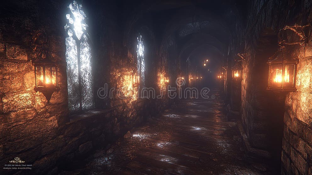 Dark, Ancient Corridor Lit by Flickering Torchlight Stock Image - Image ...