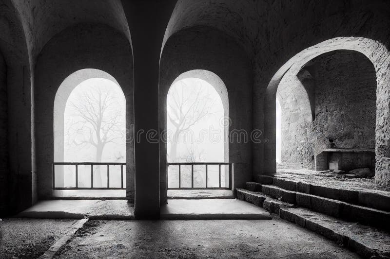 Dark Ancient Room with Light from Windows Digital Illustration. Stock ...