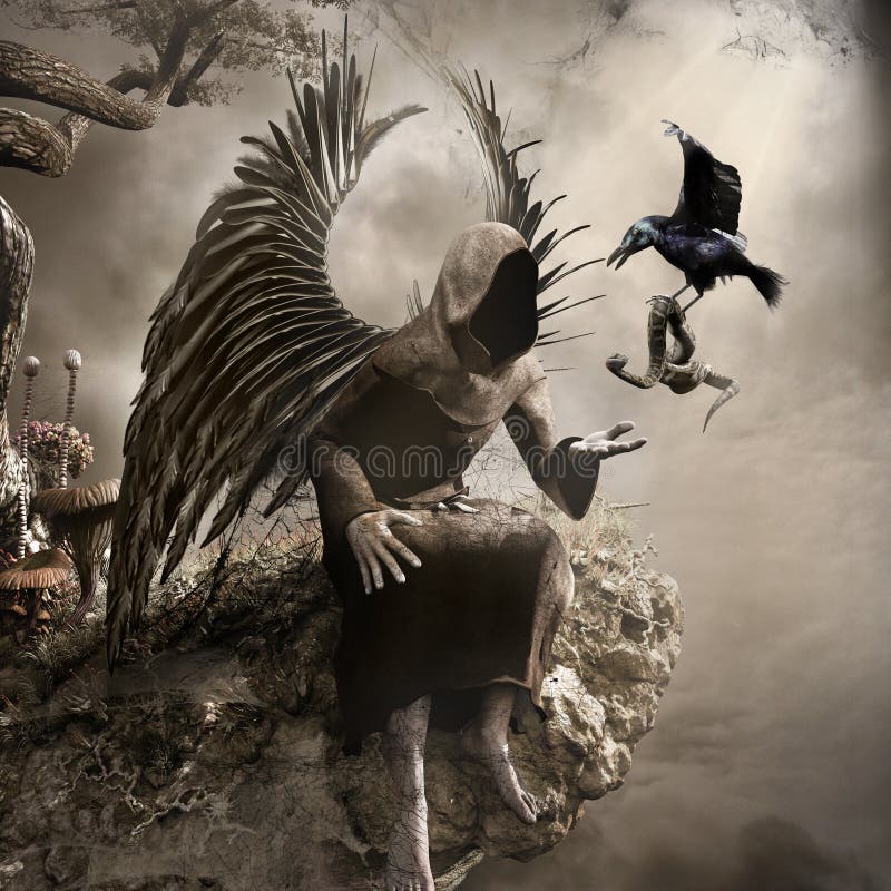 Dark angel and a crow stock illustration. Illustration of mystic - 79230036