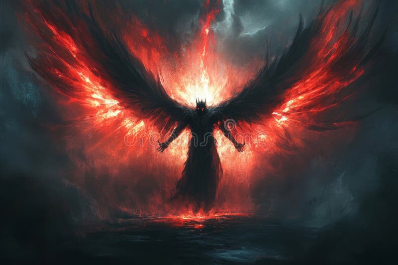 Dark Angel with Fiery Wings Stands in a Dramatic, Powerful Pose Stock ...