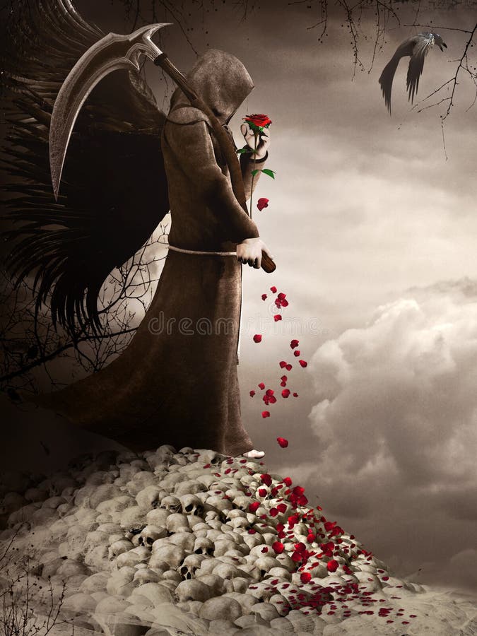 Dark Angel and red rose stock illustration. Illustration of death ...