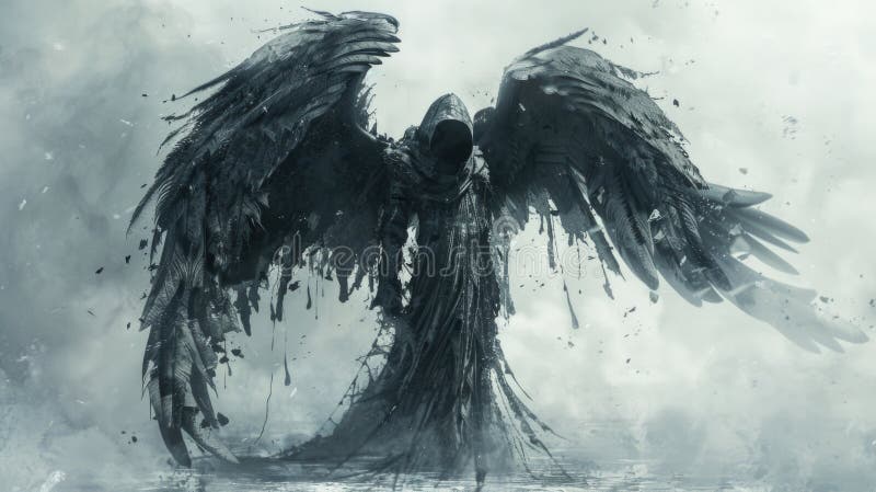 A Dark Angel Spreads Its Wings in Mid-air, a Powerful and Dramatic Pose ...