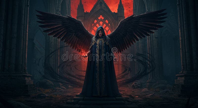 Dark Angel with Wings Casting Magic in Gothic Architecture Setting ...