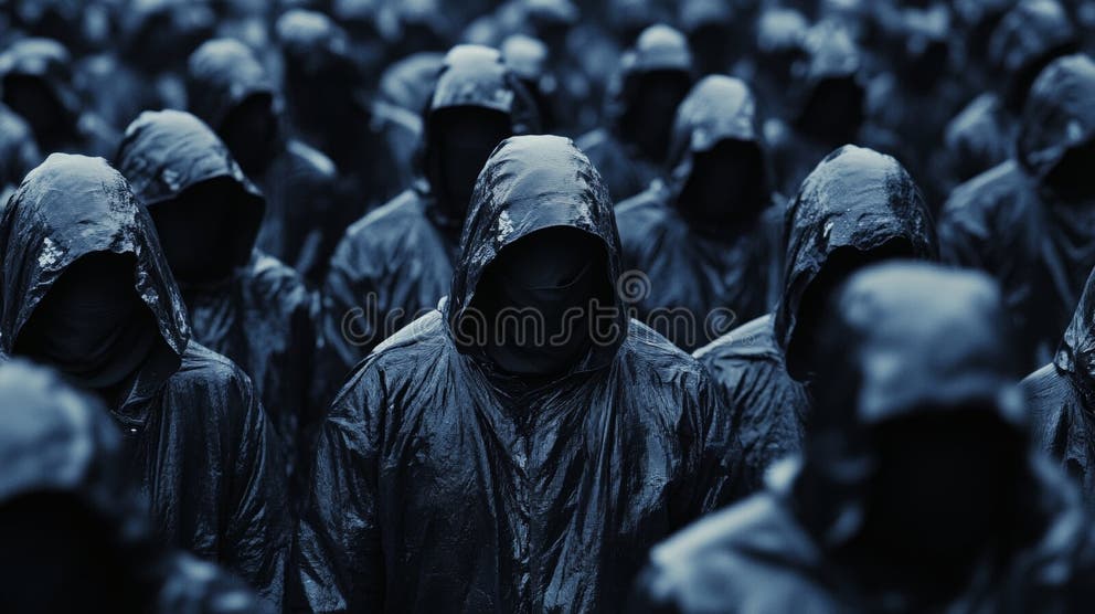Dark and Anonymous Figures Standing in Uniform with Hoods Stock Image ...