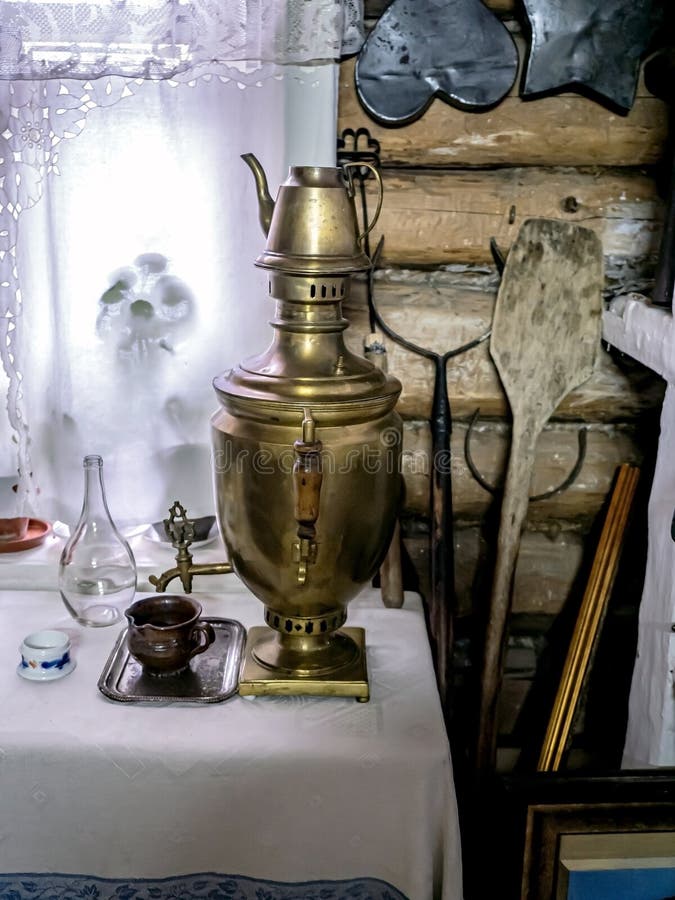 Dark Antique Copper Samovar on the Table Stock Photo - Image of teapot ...