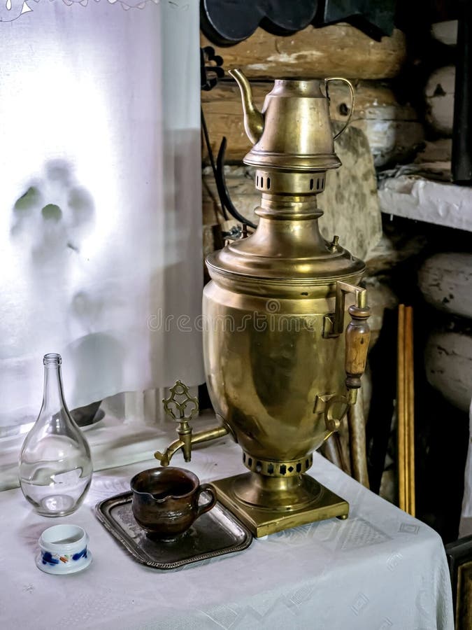 Dark Antique Copper Samovar on the Table Stock Image - Image of retro ...