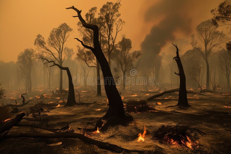 Dark and Apocalyptic Illustration of a Forest Fire with Charred Burning ...