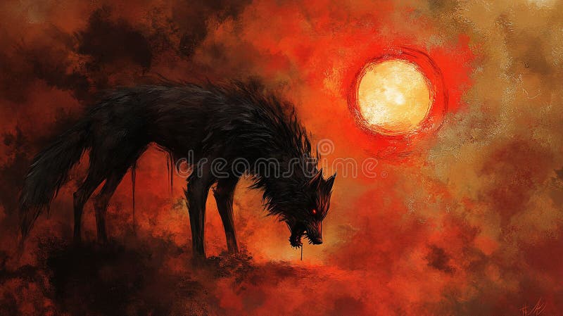 Dark Apocalyptic Scene of the Wolf Fenrir Devouring the Sun in a Blood ...