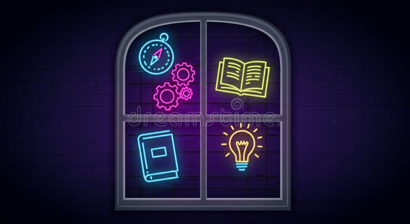 A Dark Arched Window Design Features Neon Illustrations on a Brick Wall ...