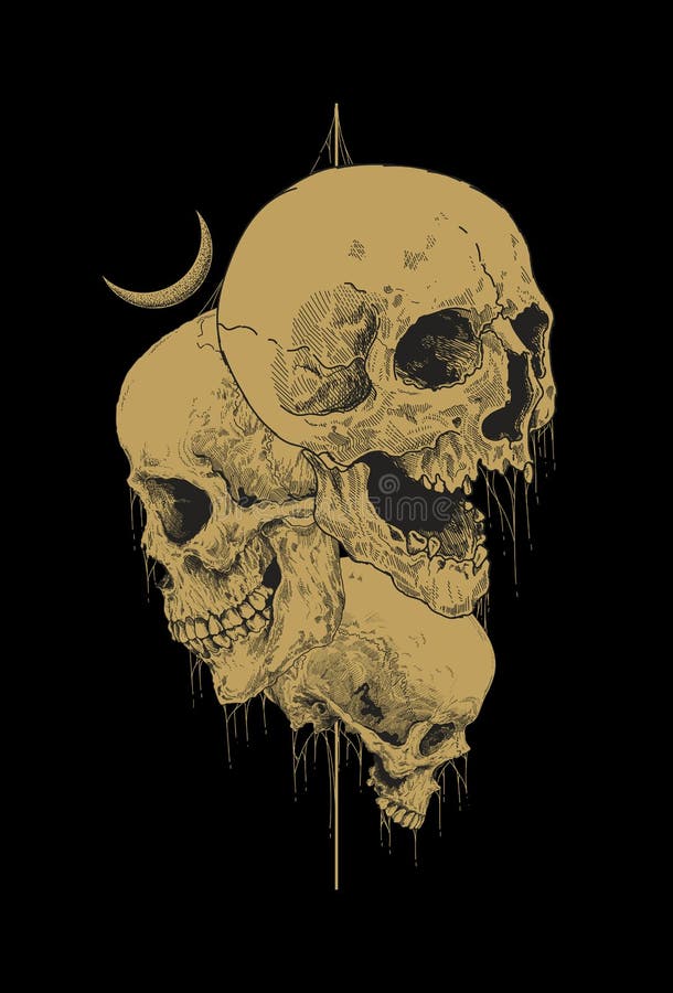 Dark Art Art Work Skull Demon Head Human with Moon Illustration Black ...