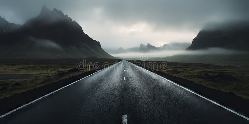 Dark Asphalt Road Perspective with Mountain Range Background ...