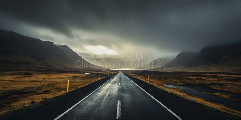 Dark Asphalt Road Perspective with Mountain Range Background ...