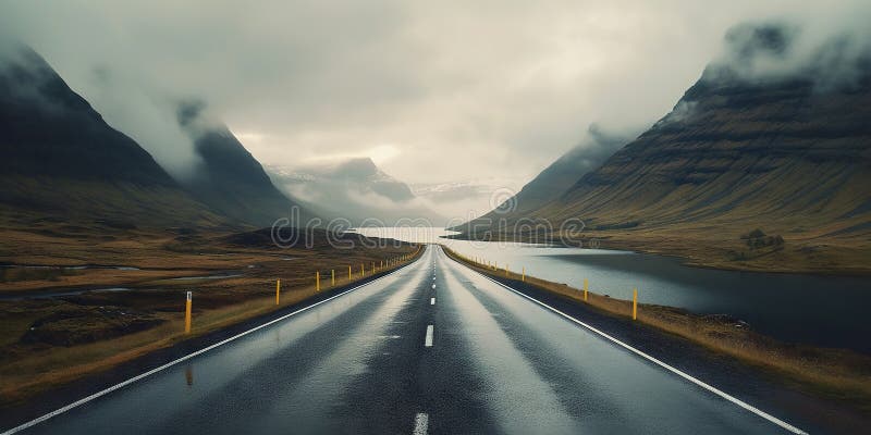 Dark Asphalt Road Perspective with Mountain Range Background ...